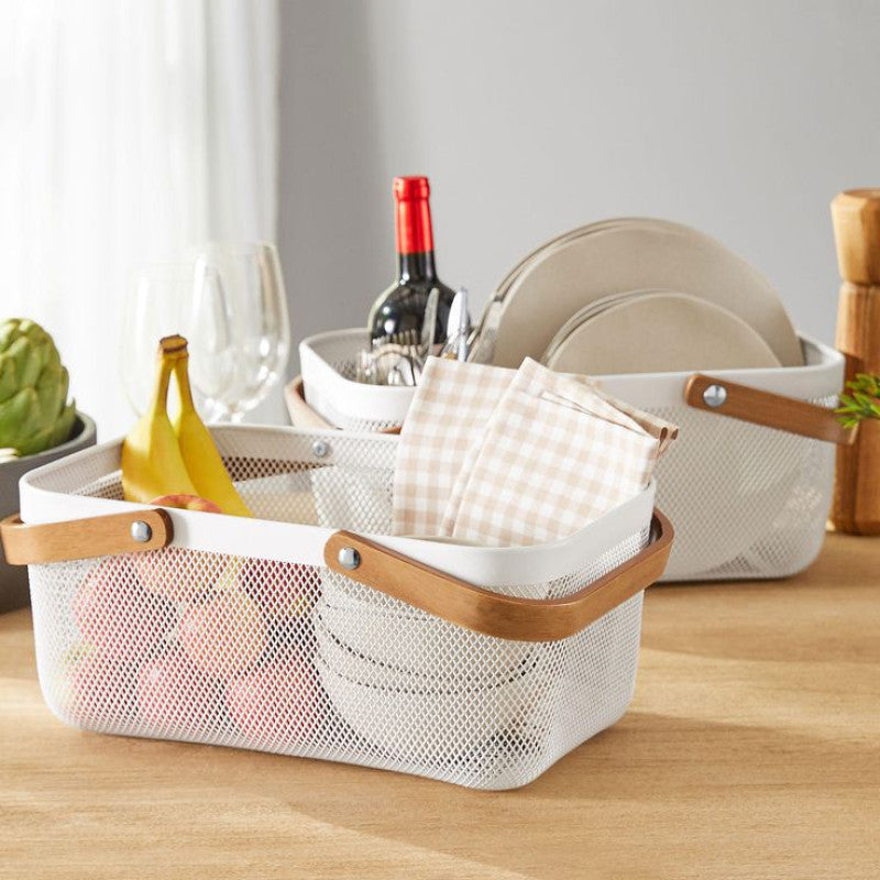 Rectangle Metal Mesh Basket with Wooden Handle - Techmanistan