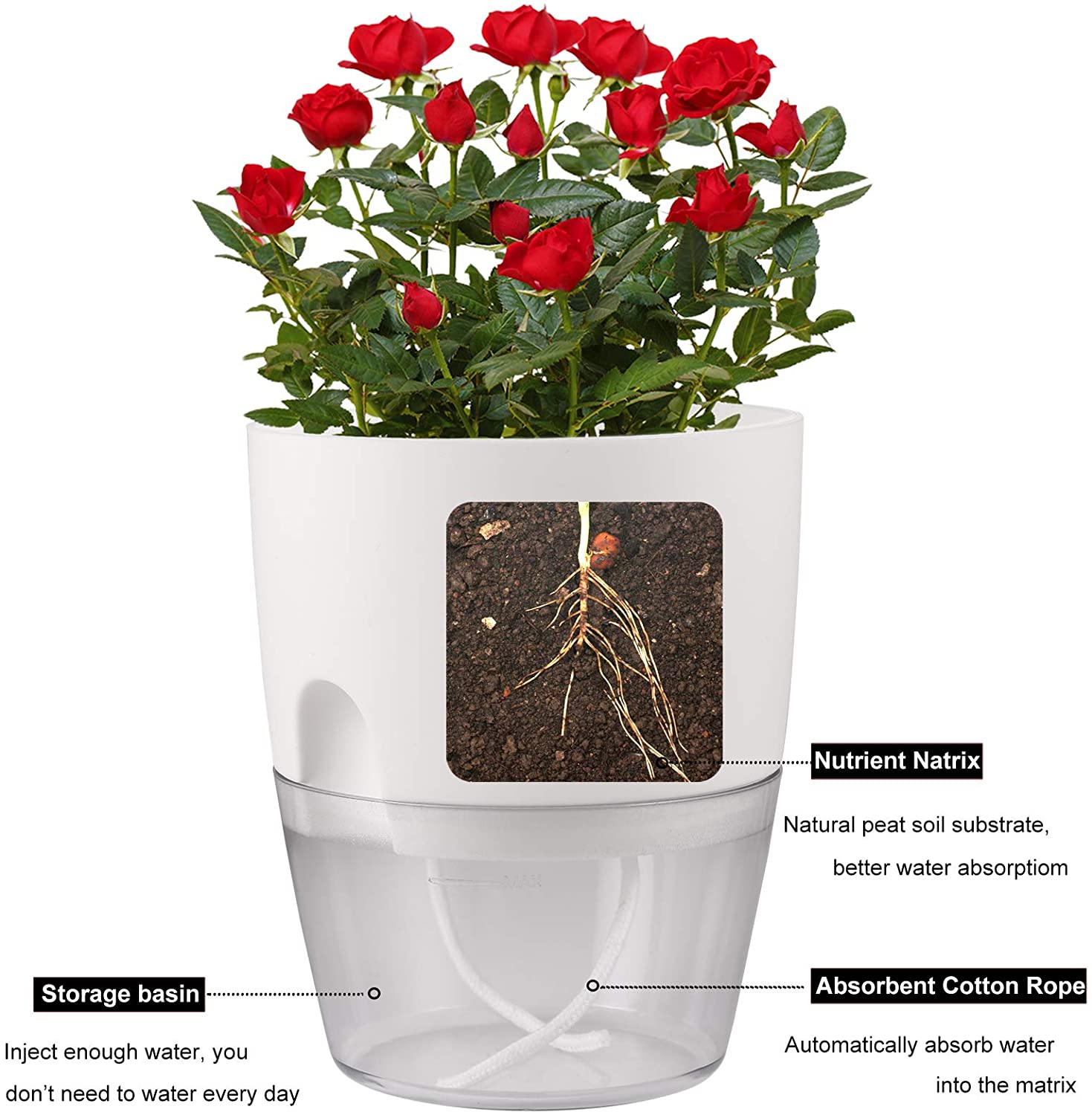 Indoor Plastic Self Watering Flower Pot With Cotton Rope & Container F ...